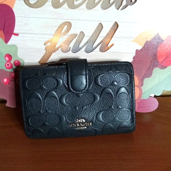 Coach | Bags | Coach Black Embossed Signature Mini Zip Around Wallet ...